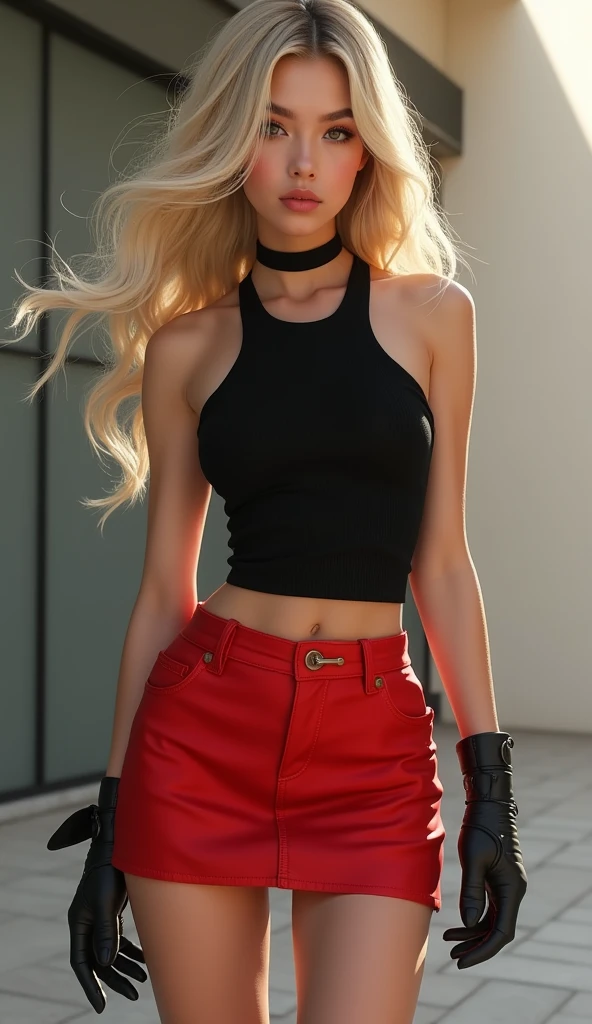Very beautiful girl blonde red red micro mini yupke black clothes ...