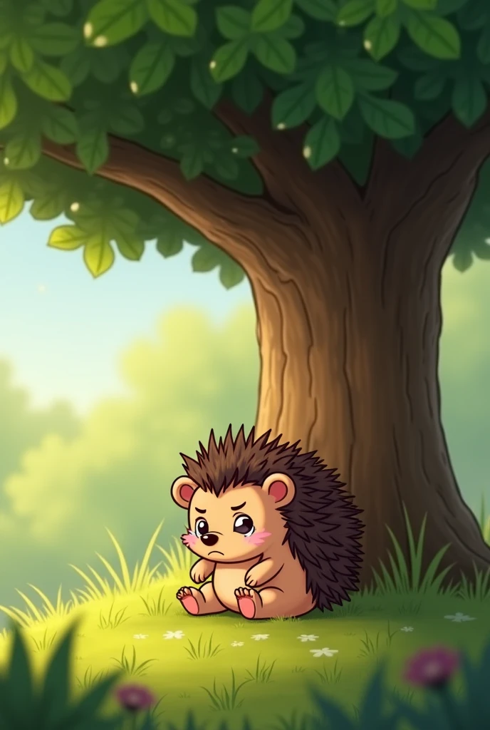 A hedgehog crying under a tree animated for preescool - SeaArt AI