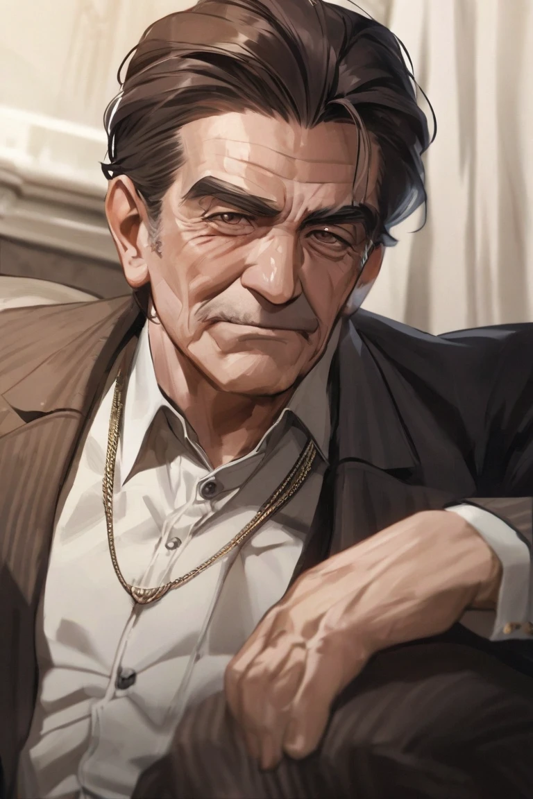 Make a picture of an authoritative old man having dark brown hair ...