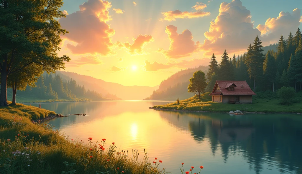 Beautiful natural scenery. morning sun. lake. simple house. fantasy ...