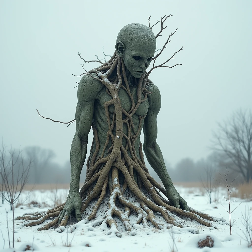 Surreal and abstract sculpture of a giant deformed humanoid figure with ...