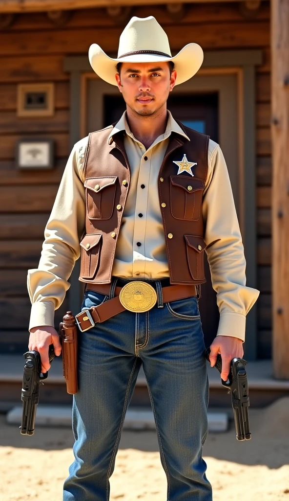 A cowboy stands confidently in front of a rustic wooden building in a ...