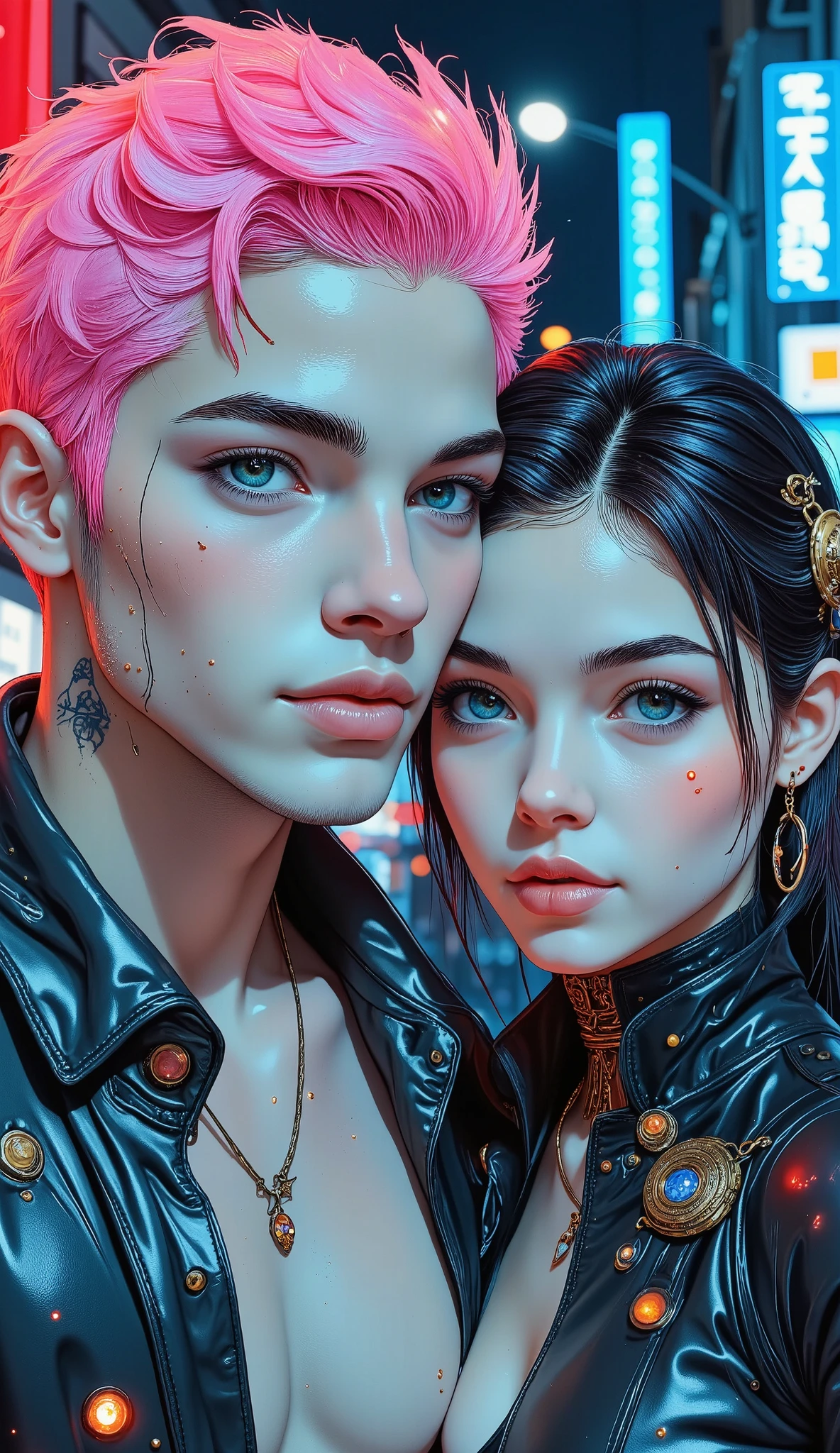 Anime couple in leather clothes posing for a picture in a city - SeaArt AI
