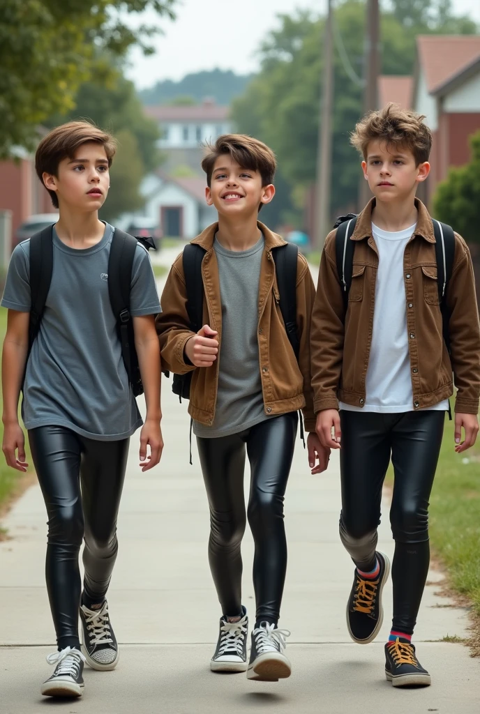 three schoolboys aged 12 to 15 in latex leggings on their way to school with ba - SeaArt AI