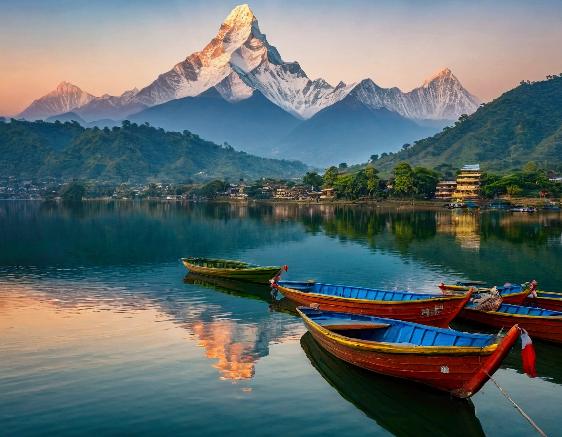 A high-quality photograph of the tranquil lakeside of Pokhara - SeaArt AI