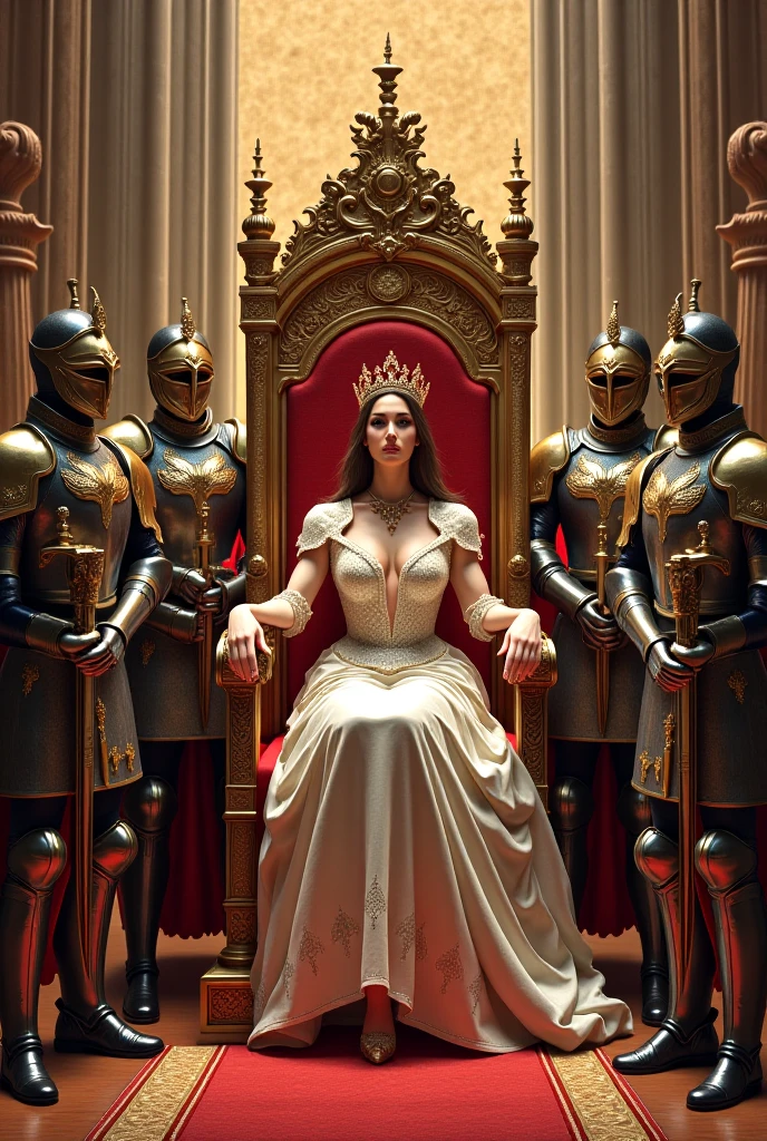 Queen on throne with four soldiers - SeaArt AI