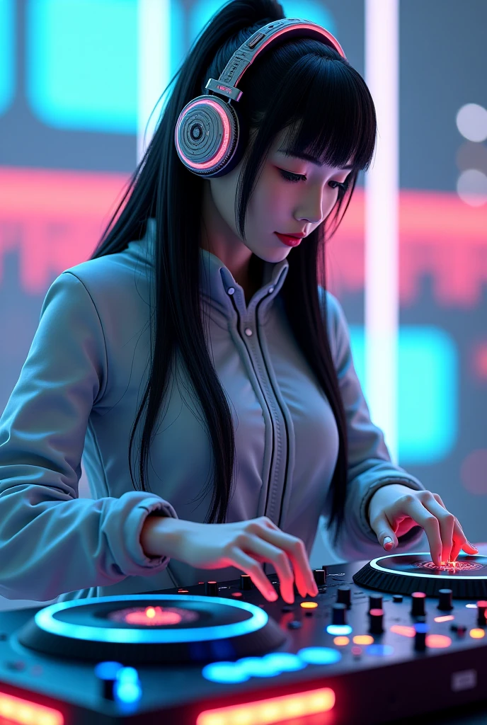 Futuristic female DJ controlling two turntables with Chinese hair ...