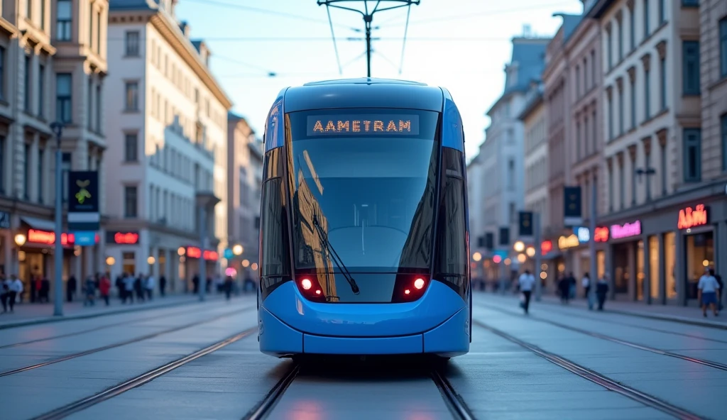 A graphic showing a tram. Zagreb, modern blue color tram, front view ...