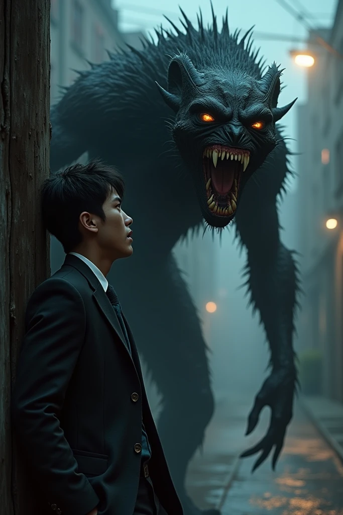 "A dark, menacing creature with glowing eyes and sharp teeth looms ...