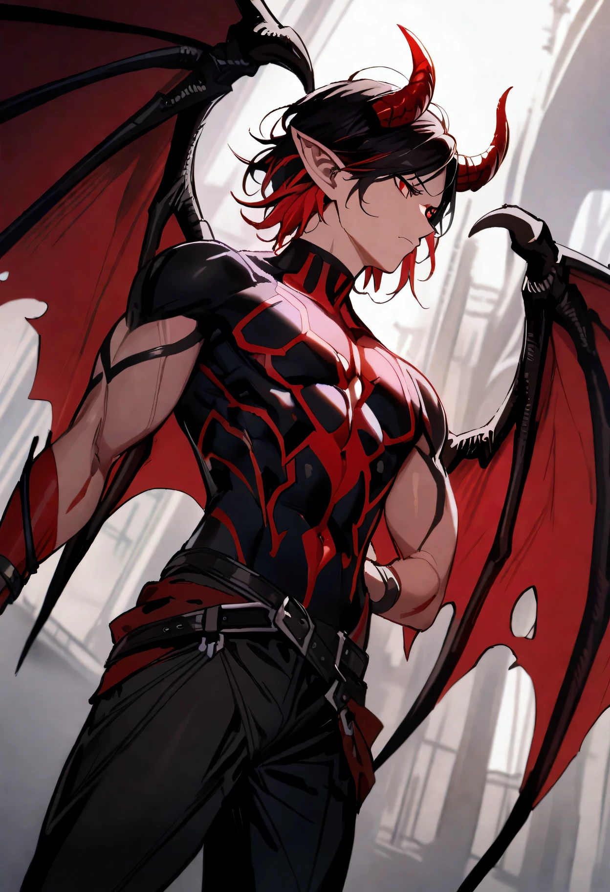 Anime - style image of a woman with red hair and a demon like costume ...