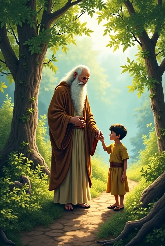 The sage gesturing calmly towards the forest path, encouraging the boy ...