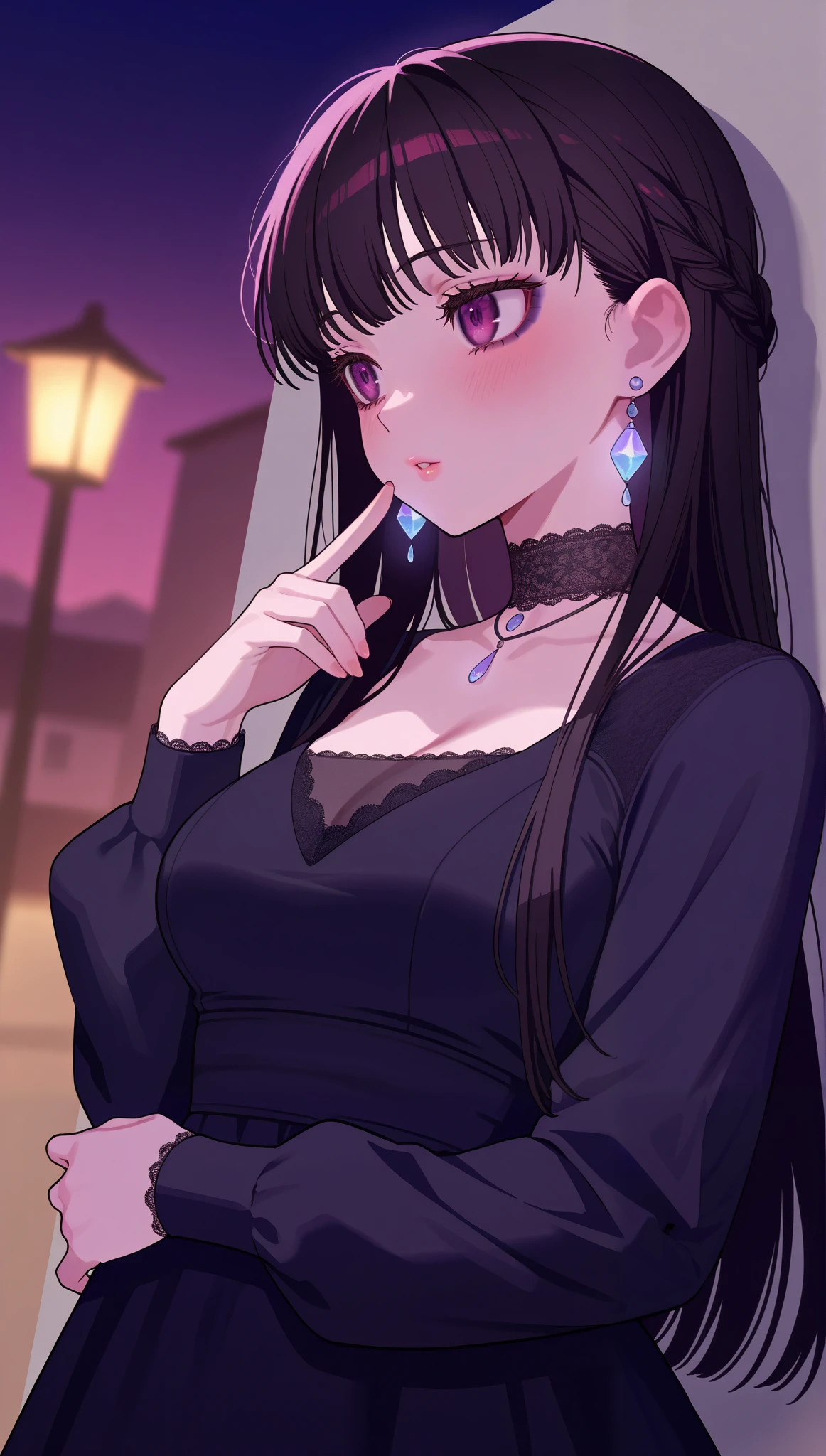 Anime girl with long black hair and blue eyes in a black dress - SeaArt AI