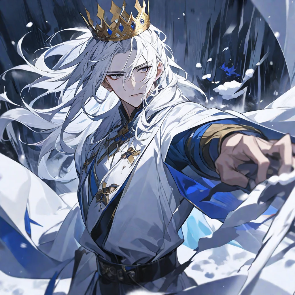 1 male, длинные cut, straight hair , white hair, White eyes - SeaArt AI