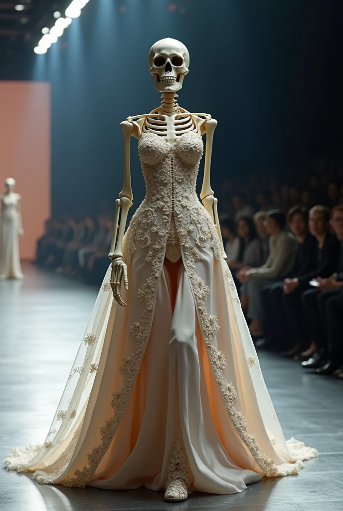 A skeleton wearing a beautiful designer dress and posing for a camera ...