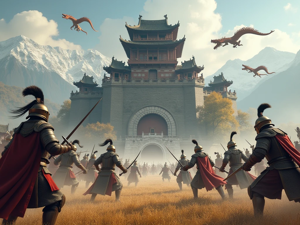 Create a battle on a medieval Chinese field . in the background - SeaArt AI