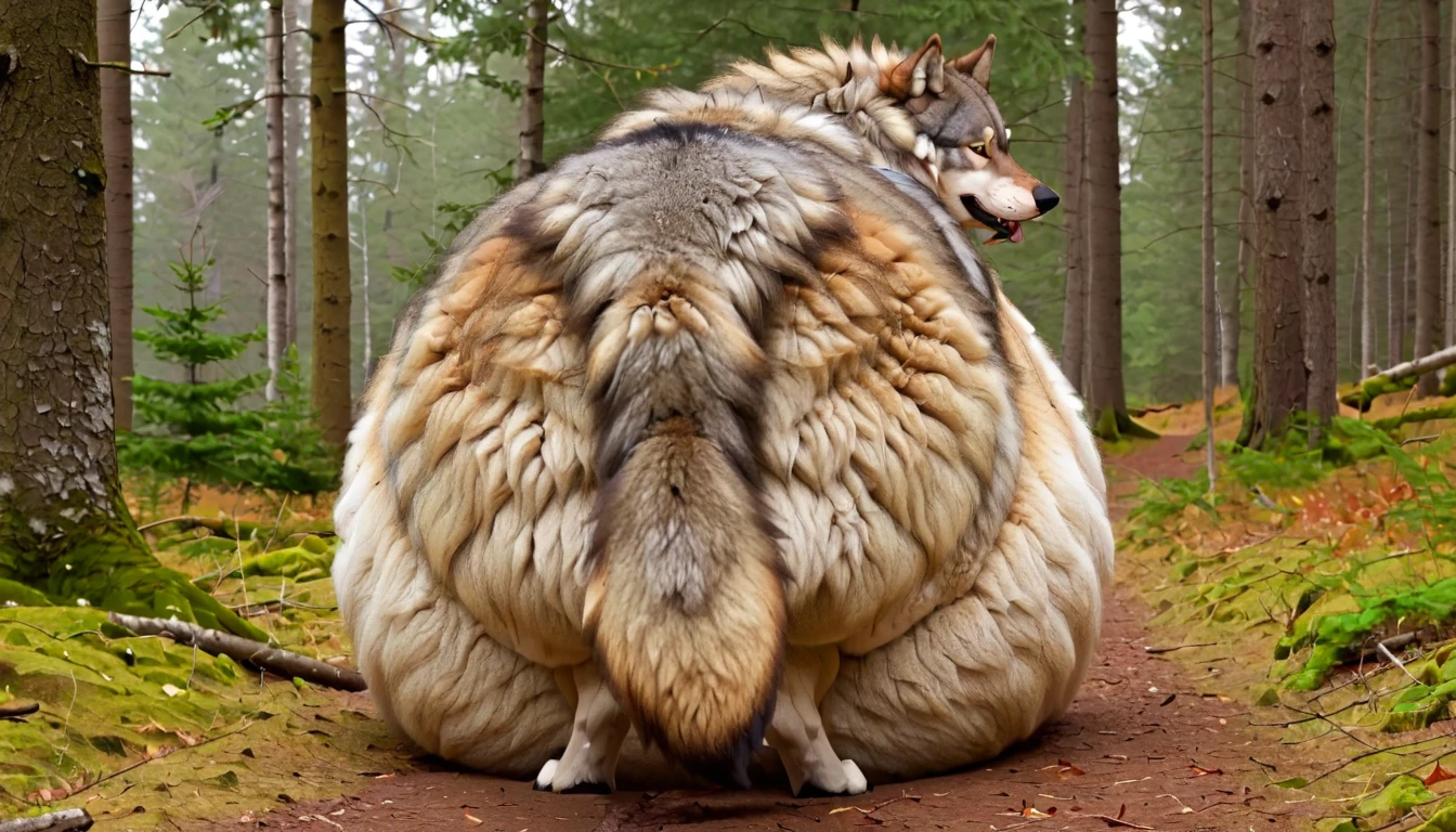 A massive Wolf with an unbelievably extremely massive belly, so heavy it drags a - SeaArt AI