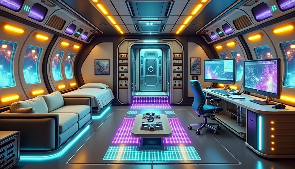 Luxurious futuristic submarine interior, colorful hologram interface ...