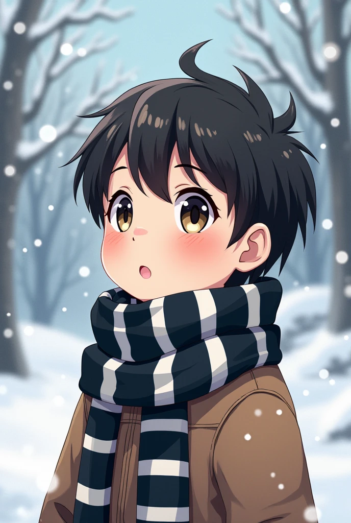 Cute snow anime boy with black and white mufler - SeaArt AI