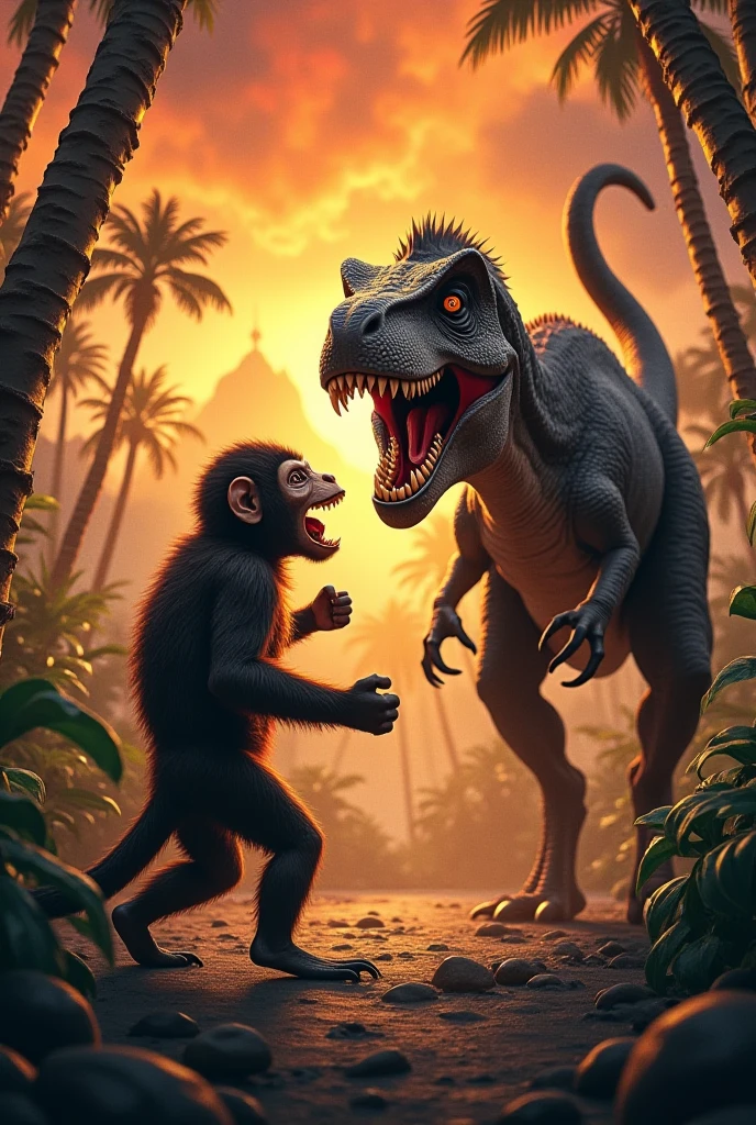 Create an image of an intense standoff between an angry monkey and a ...
