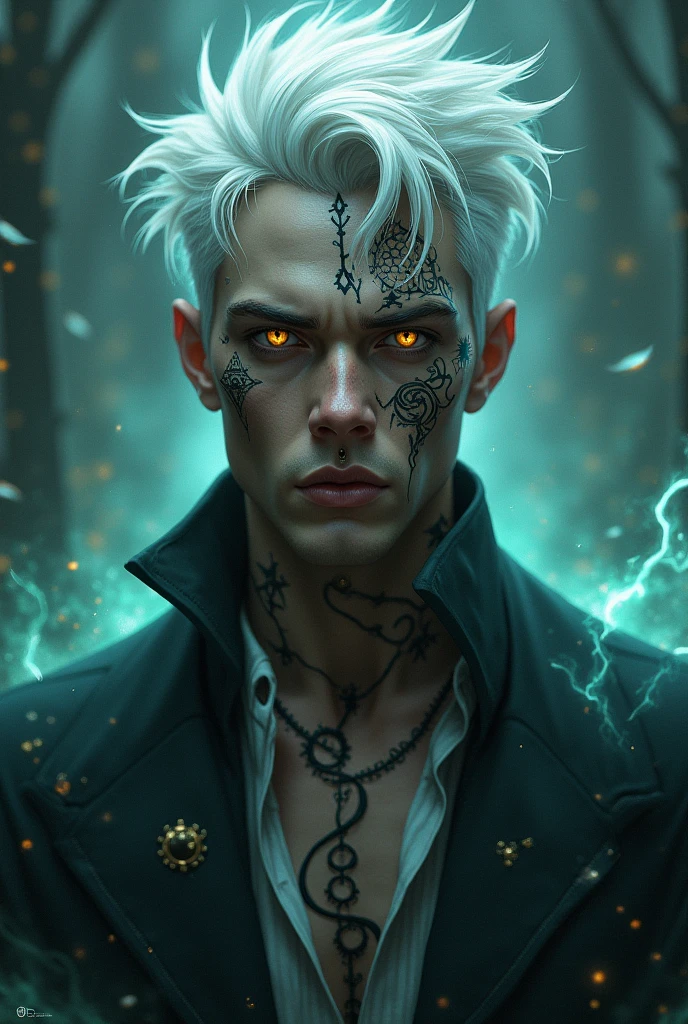 White-haired yellow-eyed man with arcane rune tattoos around his mouth ...