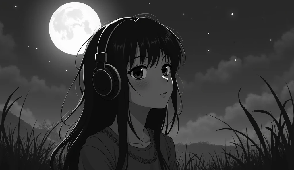 anime girl listening to music with headphones and a full moon - SeaArt AI