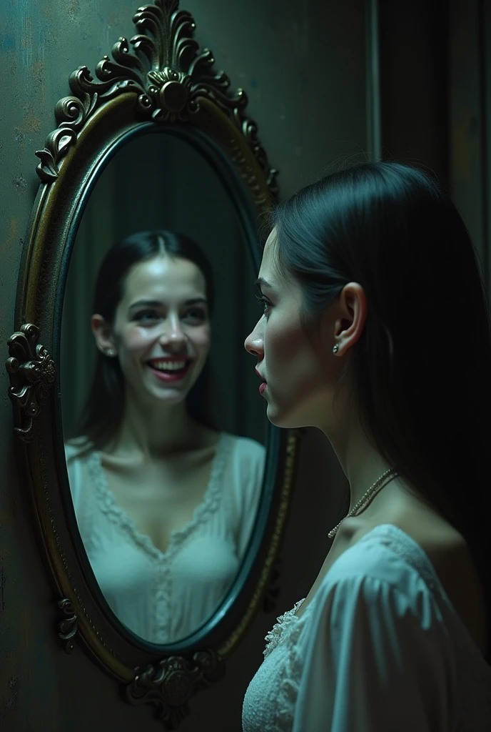 A young woman standing in front of an antique mirror. Her reflection ...