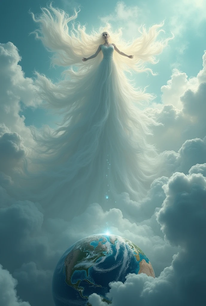 A goddess made of clouds watching planet Earth weep - SeaArt AI