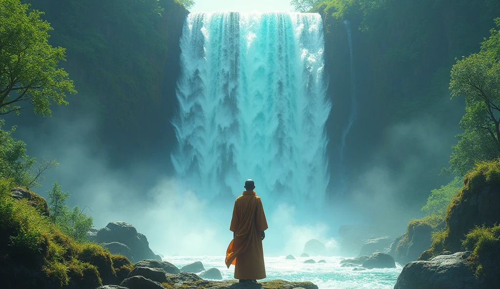 The monk standing before a flowing waterfall, its vivid turquoise water ...