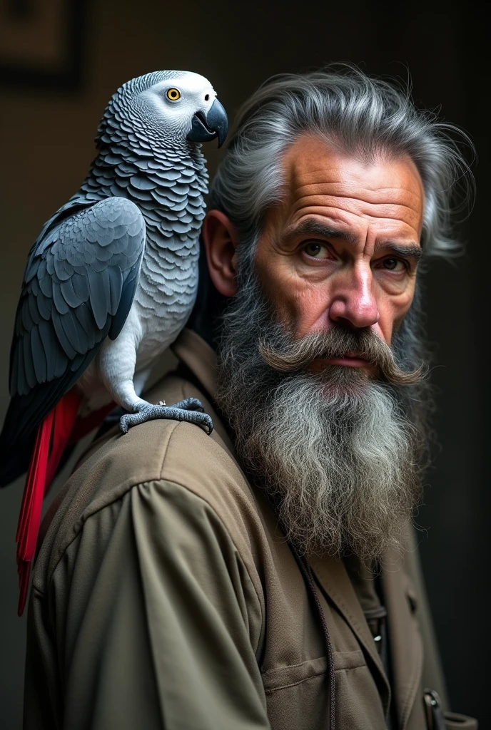 A pretty gray parrot from Gabon posing on the shoulder of a tall and ...