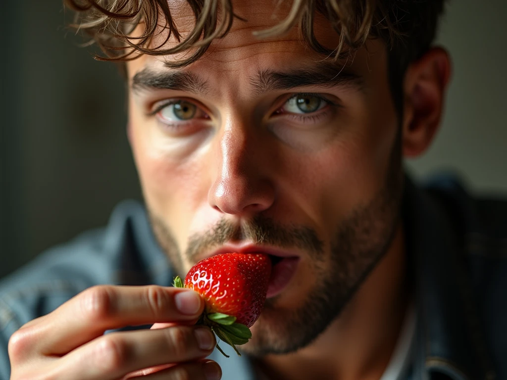 Portrait of a handsome hunk men,stubble,gray eyes, sucking a strawberry ...