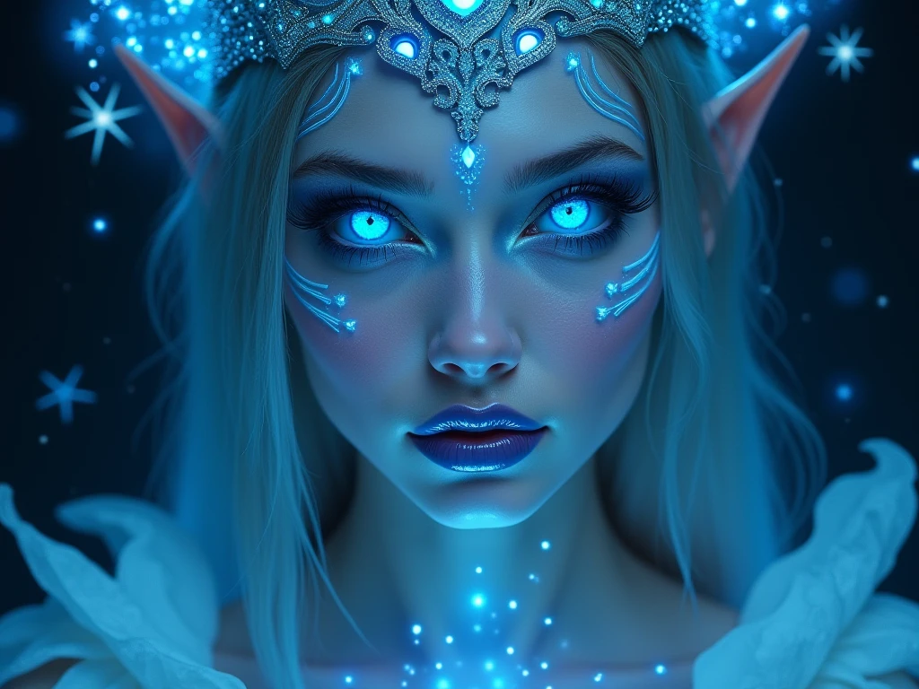 A mystical avatar with glowing blue eyes, intricate face markings ...