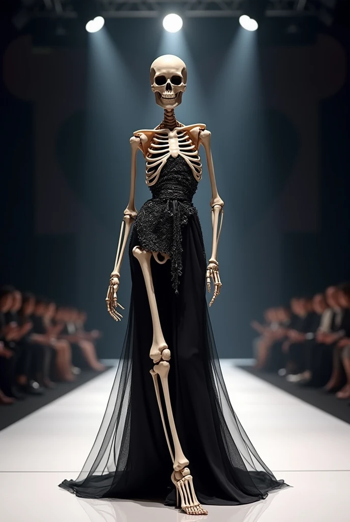 A skeleton wearing a beautiful designer dress and posing for a camera ...