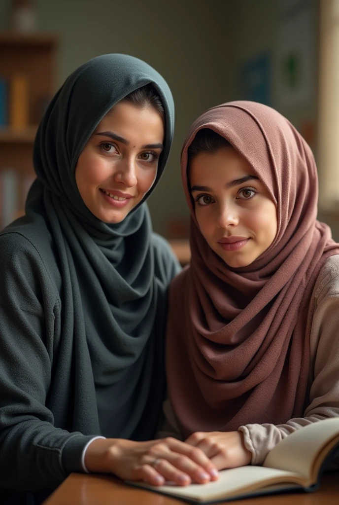 Ms. Saleh Nour Al-Huda is a social teacher, Jamila Qassir Latifa wearing hijab a - SeaArt AI