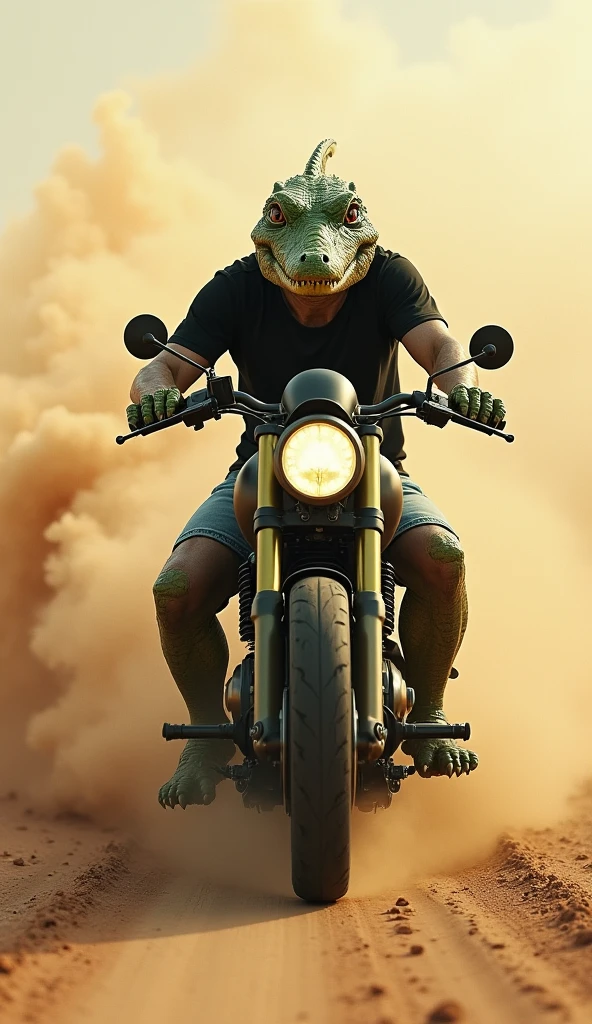 Human-crocodile hybrid wearing black t-shirt and denim shorts riding a CG 350 mo - SeaArt AI
