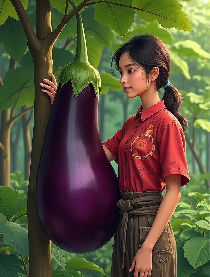 Create a realistic image of a young woman standing next to an eggplant ...