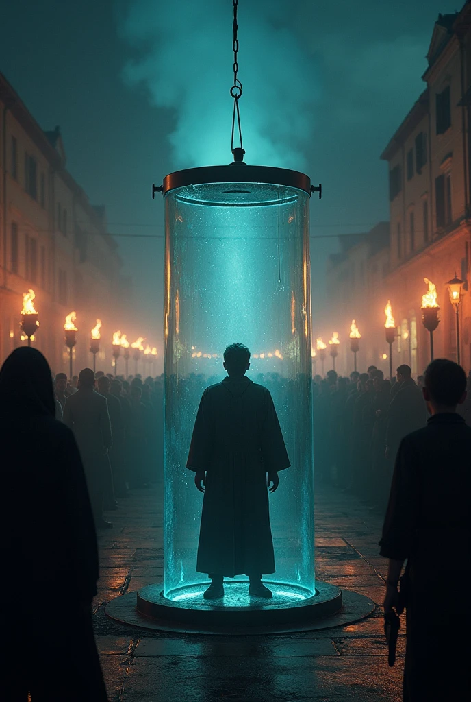 Execution of prisoner , at night in a public square , surrounded by ...