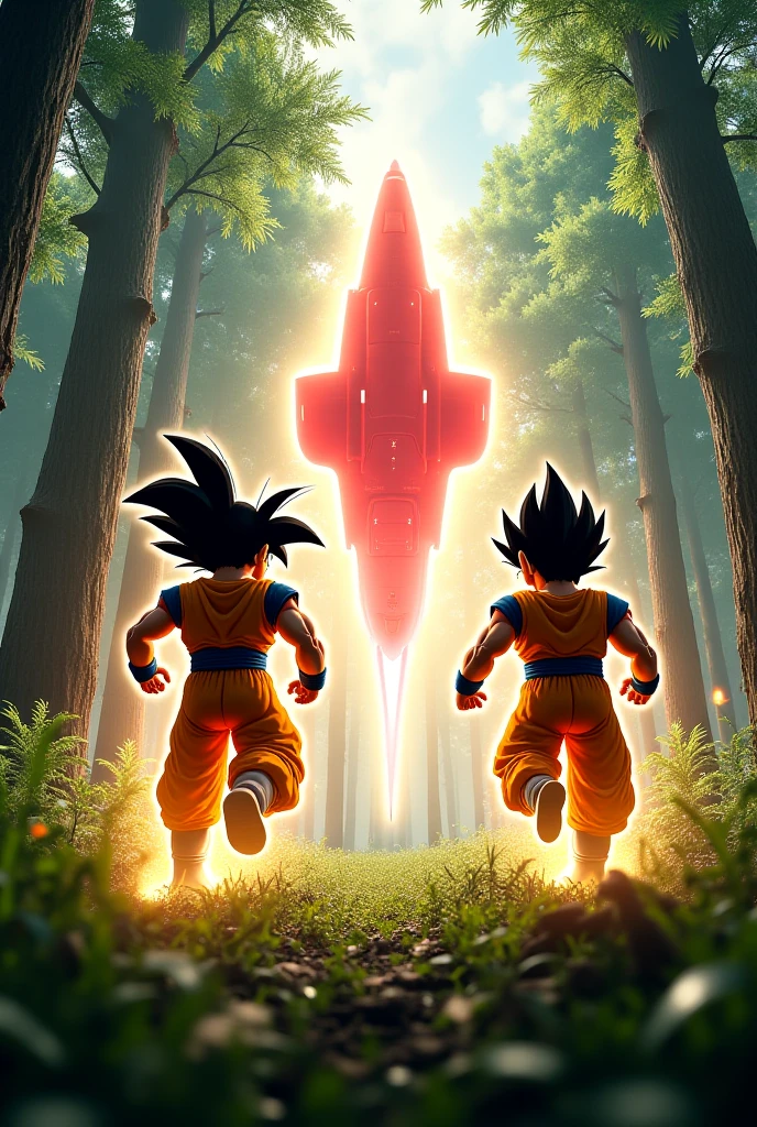 Goku and Vegeta flying at speed to meet a red auria ship in the middle ...