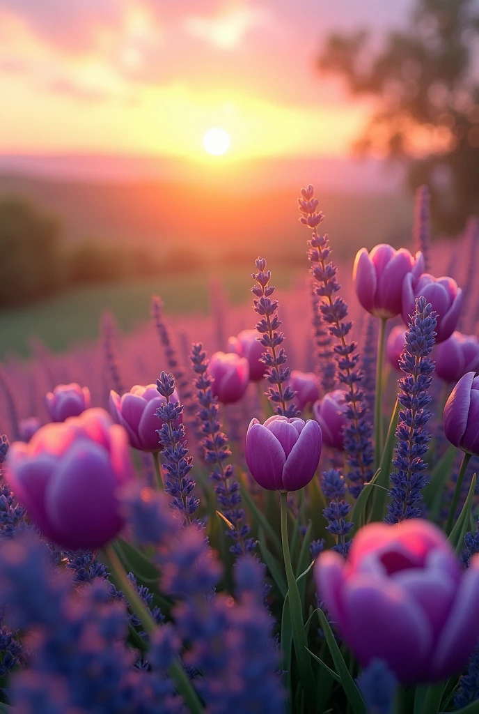 A picture of lavenders and purple tulips with sunrise background ...