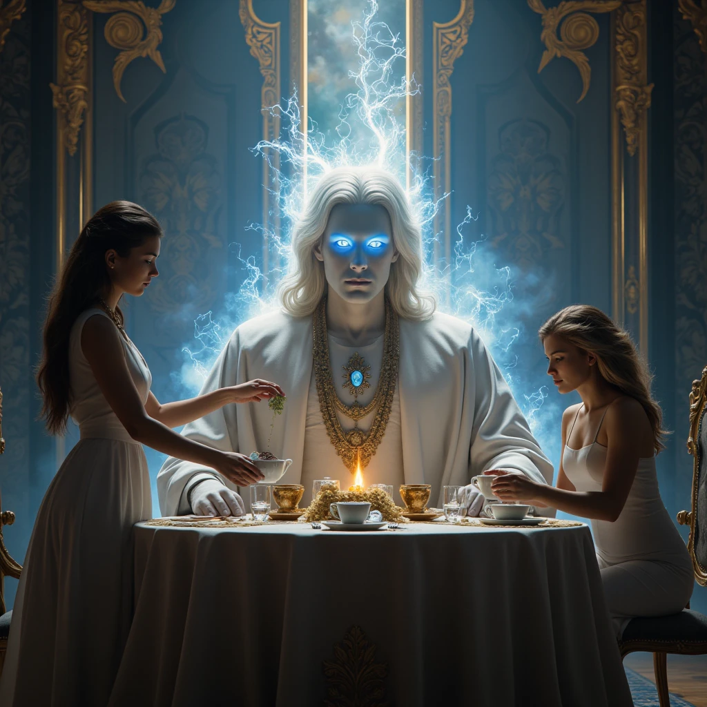 A very powerful man king of the universe, sitting at a luxurious table ...