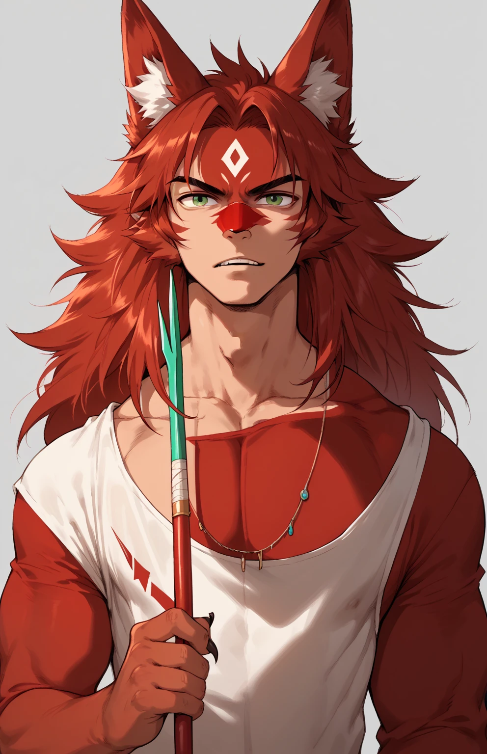 Male young half-beast elf with red fur, he hold a long spear wrapped in ...