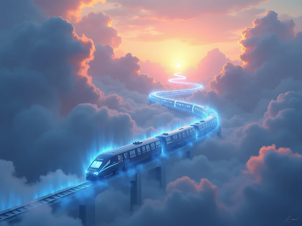 Several spectral-looking and blue-colored trains running on ghost ...