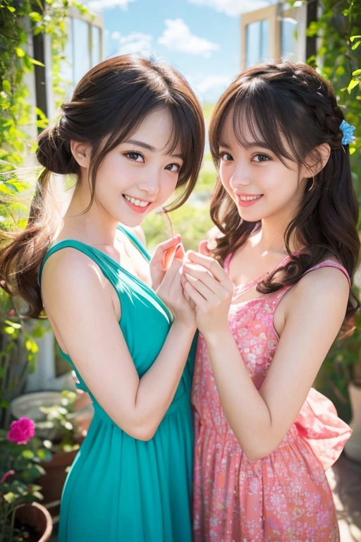 Two girls、fun atmosphere, beautiful and fine eyes, cute hairstyles ...