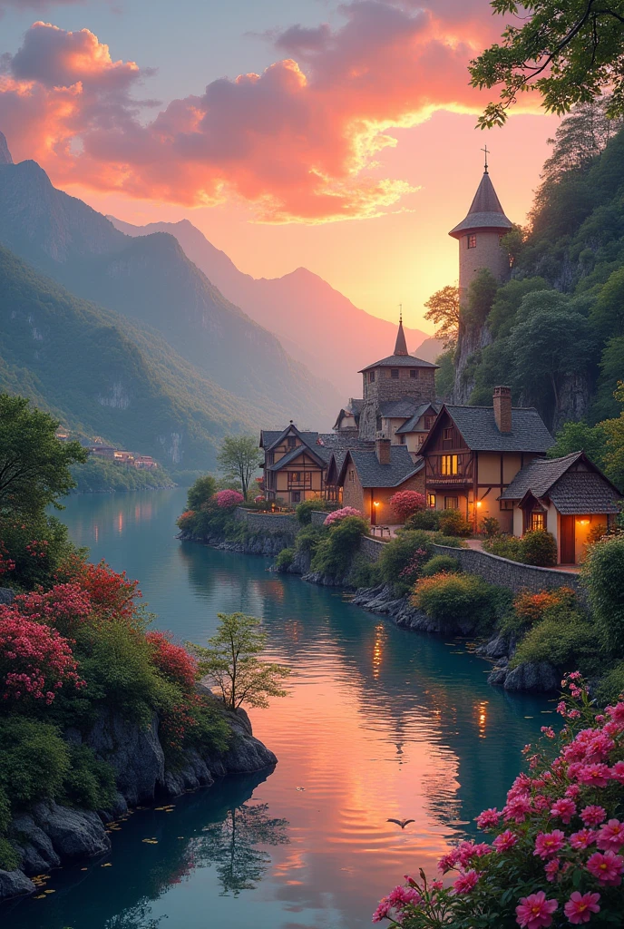 A small village by the river, mountains in the background, floral flowers colorf - SeaArt AI
