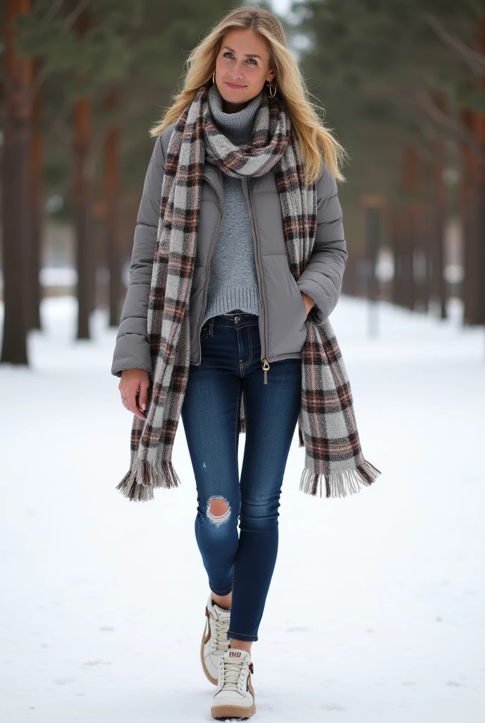 A woman in a turtleneck sweater under a gray puffer jacket, styled with ...