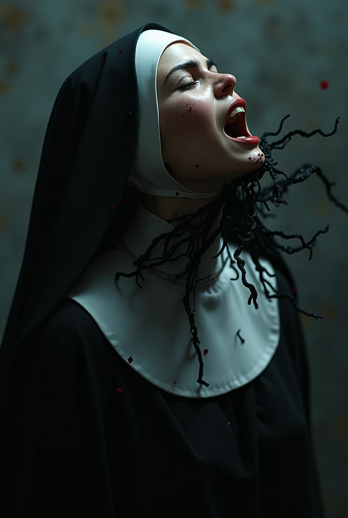A nun whose nun's robe is torn to shreds is strangled by a black shadow ...