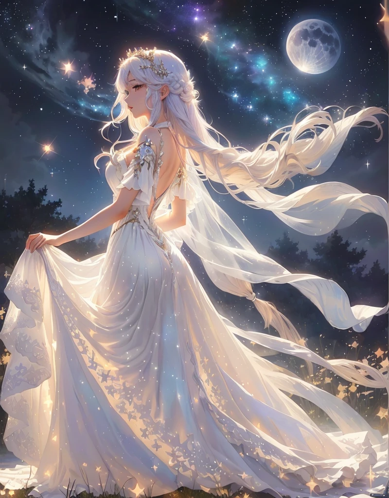 An anime girl in a white dress with long flowing hair and a full moon ...