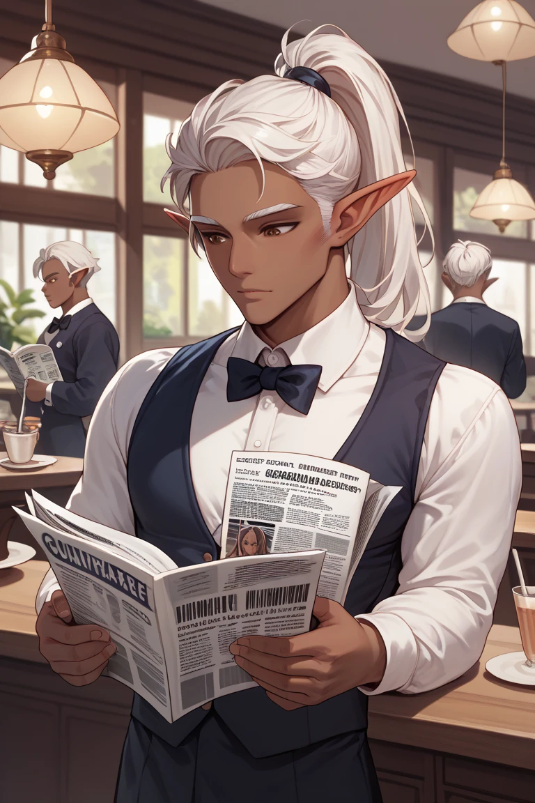 Dark skinned male elf drow reading a newspaper, white hair, butler ...
