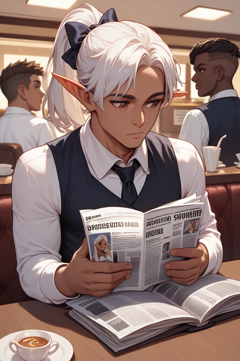 Dark skinned male elf drow reading a newspaper, white hair, butler ...