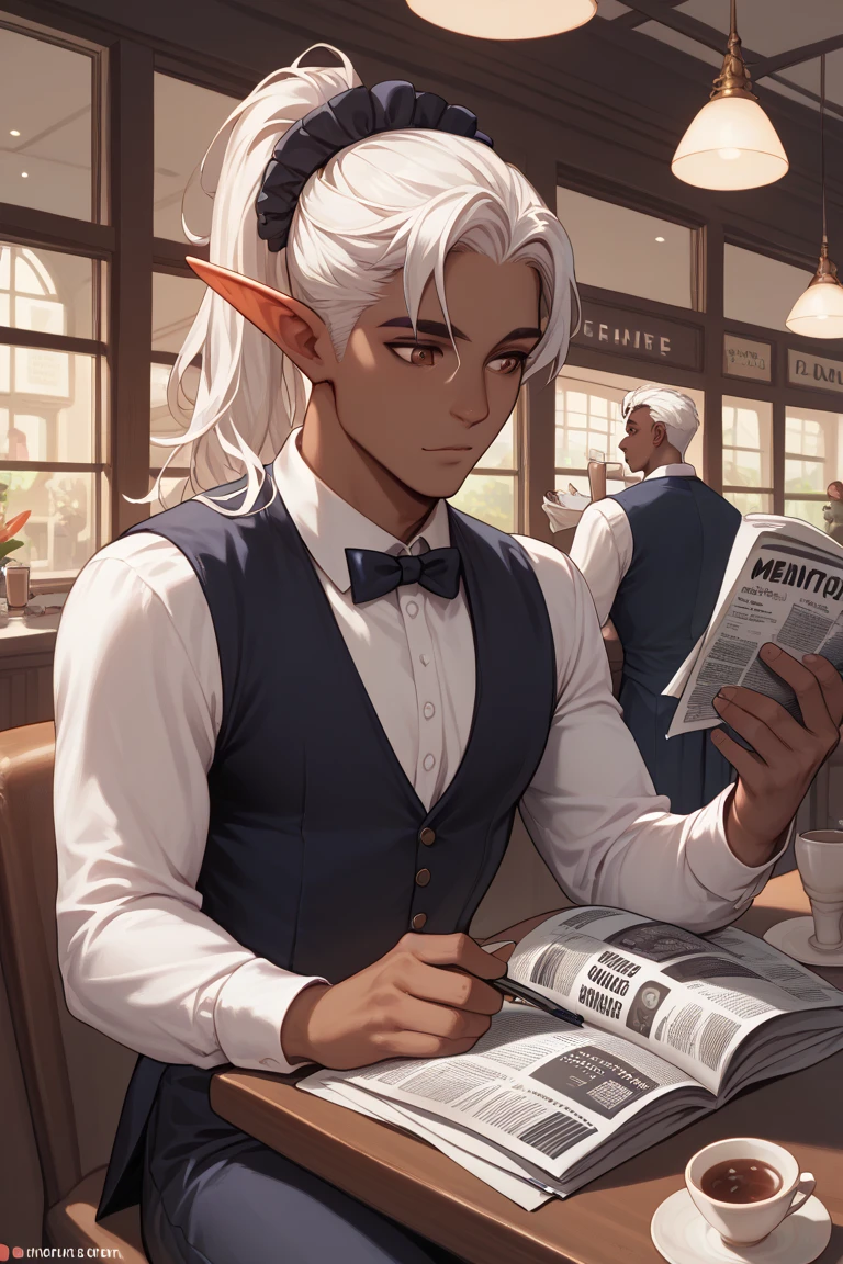 Dark skinned male elf drow reading a newspaper, white hair, butler ...