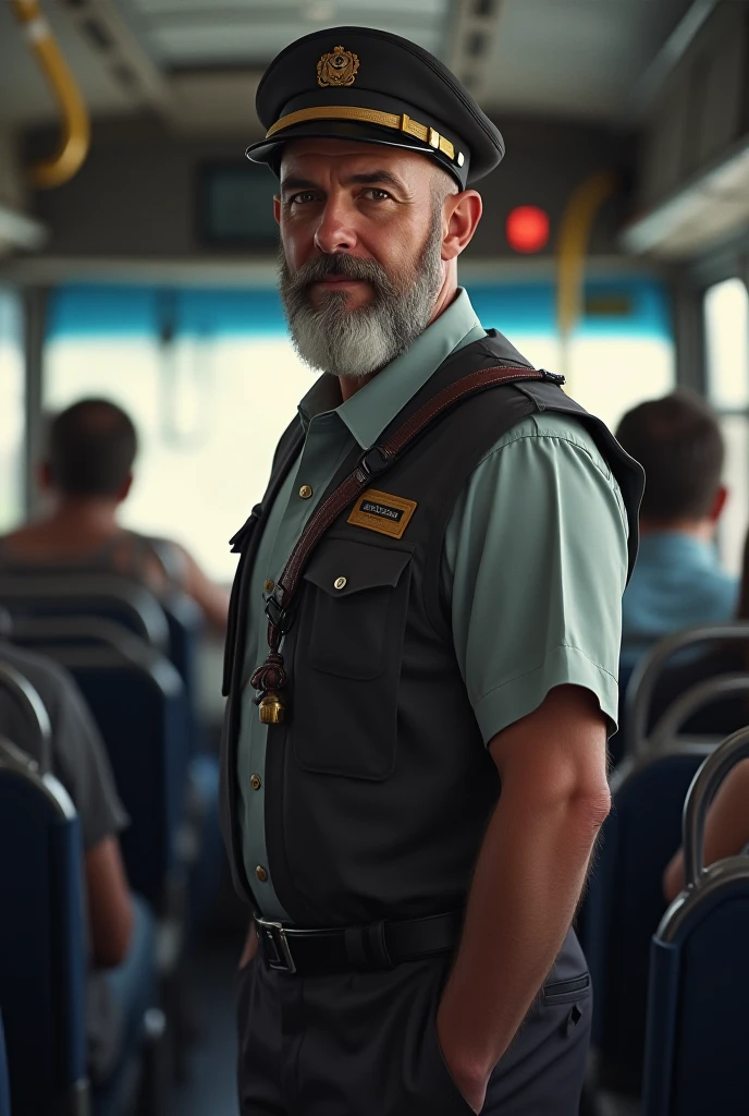 A bus conductor with light beard in bus with a neutral expression ...